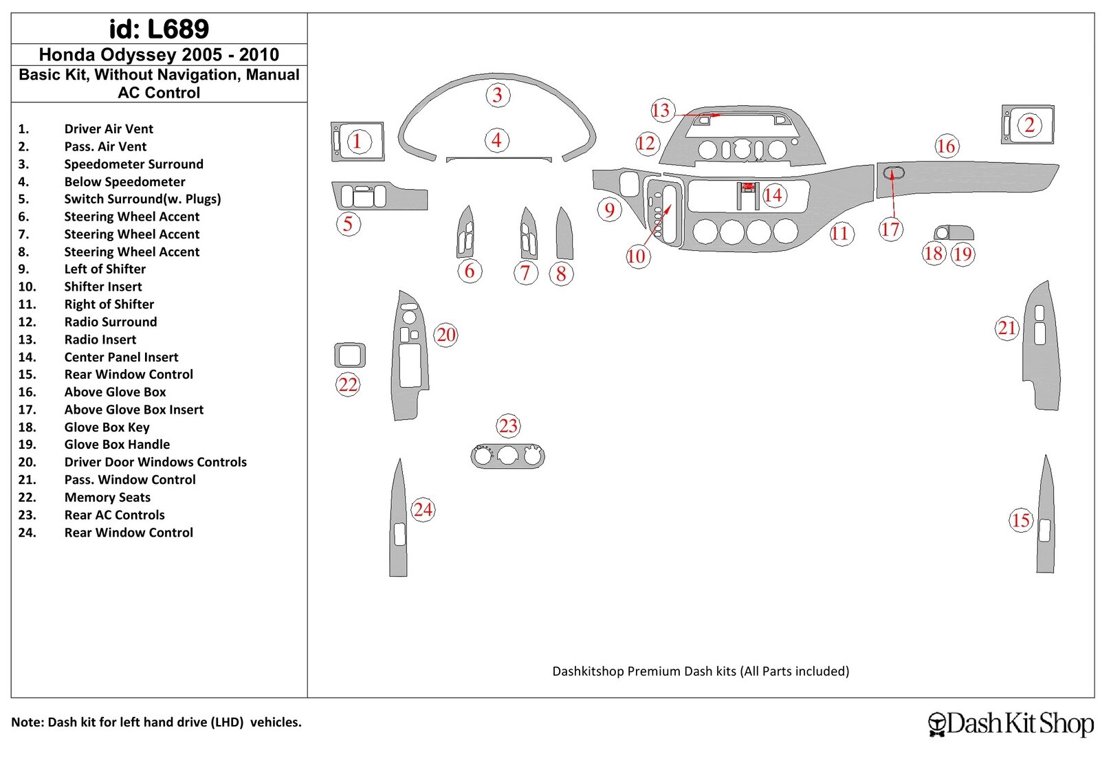 Накладки салона под дерево, карбон, алюминий для Honda Odyssey 2005-2010. Комплект L689.
