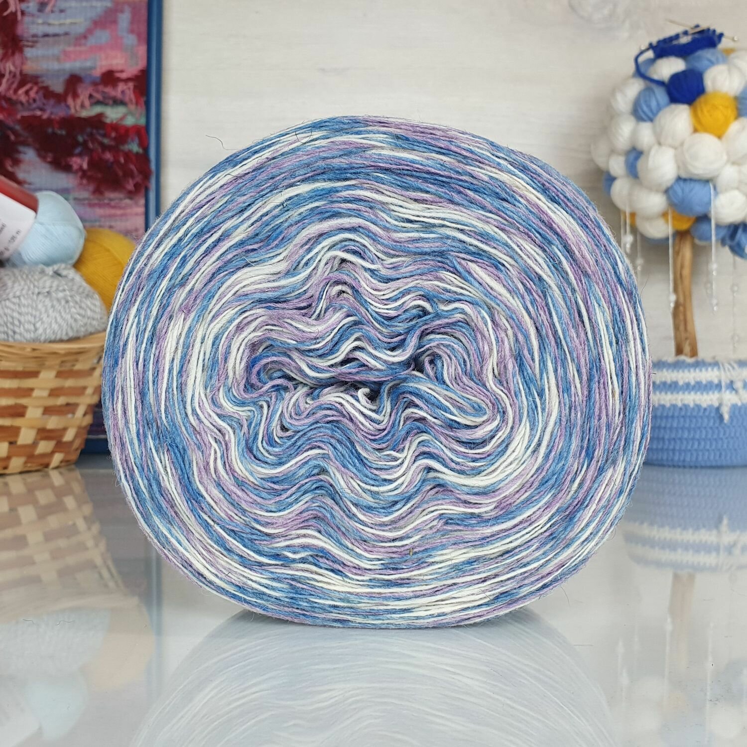 Пряжа Ангорка меланж Рассказовская, яр. голуб-св. сире-белый - 19_2, 95% шерсть ангорской козы, 5% акрил, 2 мотка, 250 г, 700 м.