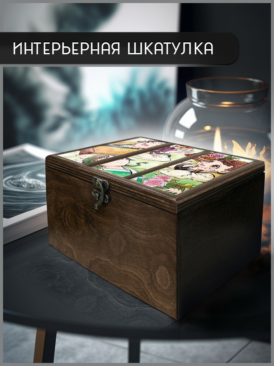 Шкатулка интерьерная "Тройная" для украшений универсальная 22x17x12 см Аниме Монолог фармацевта (Мао Мао, Император, Цветы, Женьши) - 846