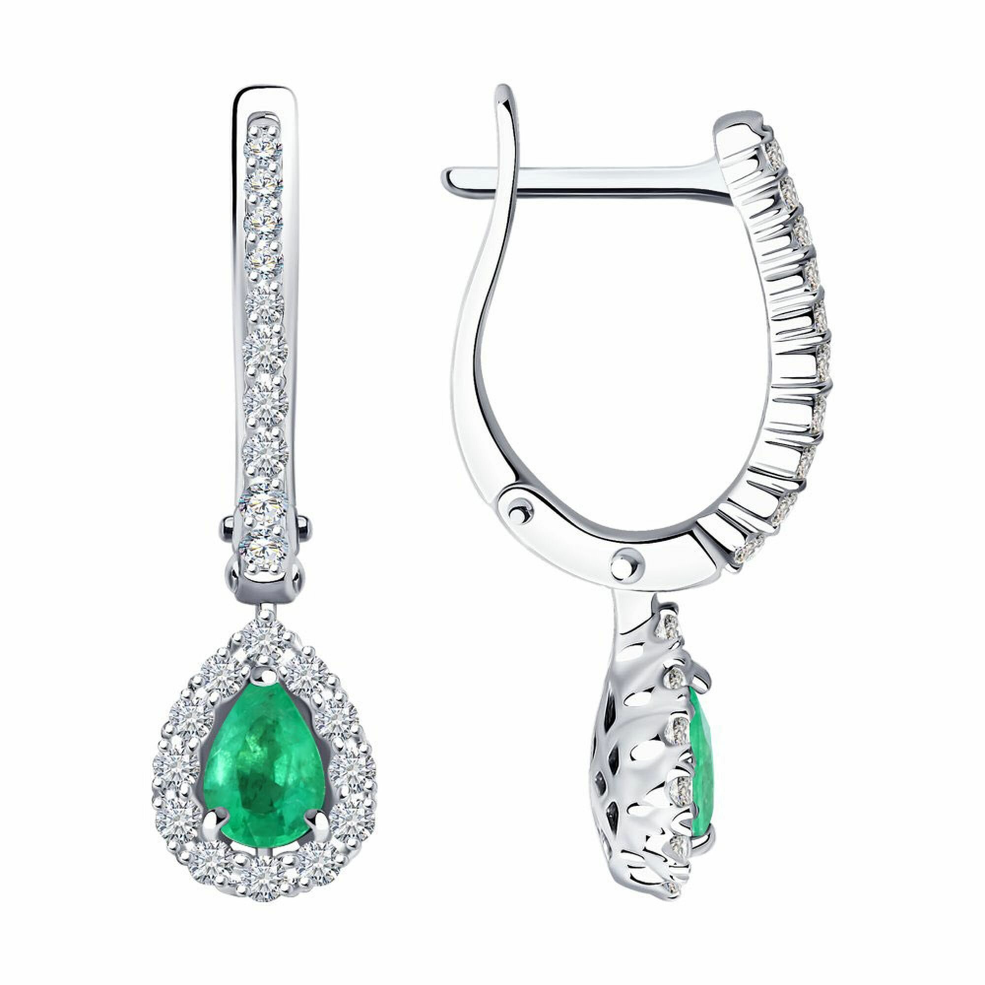 Серьги, белое золото, 585 проба, изумруд, бриллиант