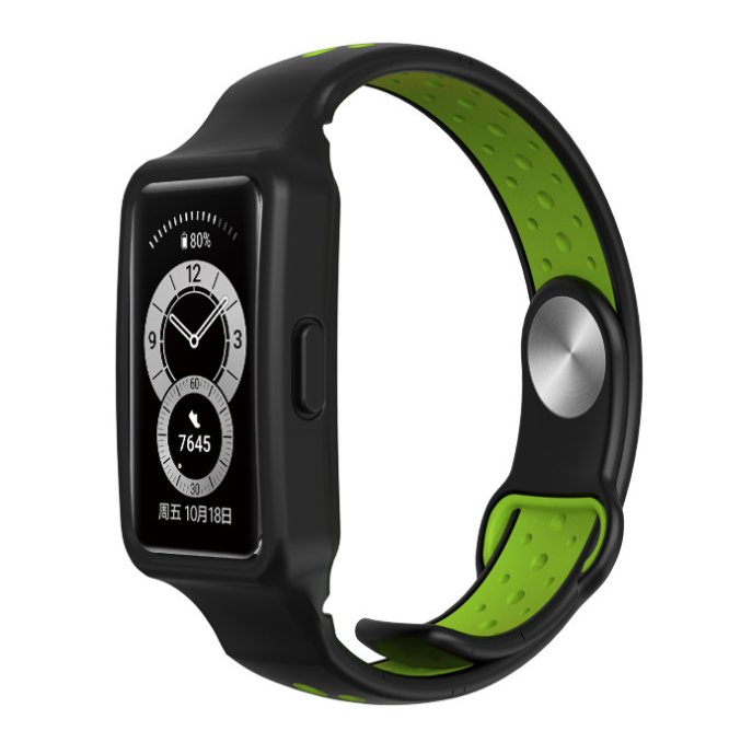 Силиконовый водостойкий сменный ремешок Чехол. ру для HONOR Band 6 со спортивным дизайном с дырками под вентиляцию и кнопкой застежкой черно-зеленый