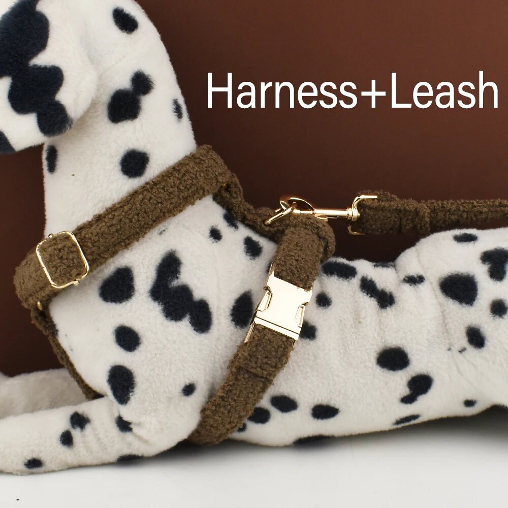 Бархатный ошейник и поводок для собак с гравировкой имени Бежевый, S, harness leash