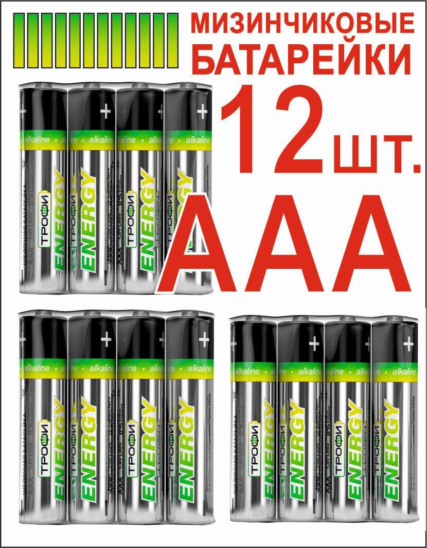 Батарейка щелочная AAA 12шт, 1 упаковка, белый цвет, блистер, 12 штук, Трофи