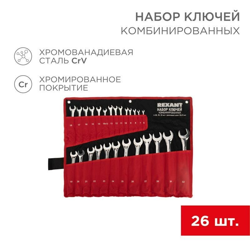 Набор ключей комбинированных 6х32мм 26шт CrV полированный хром Rexant 12-5848