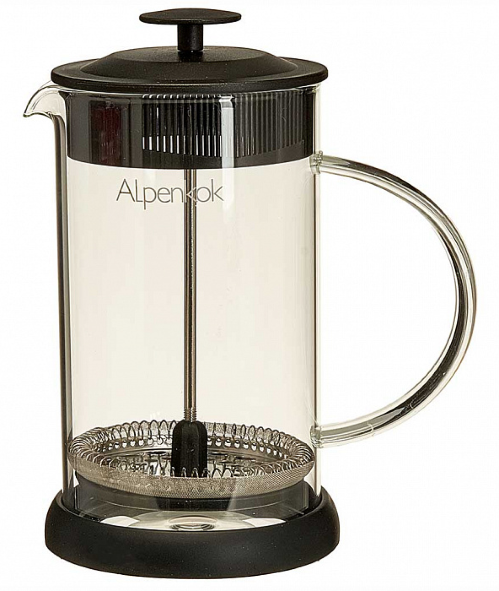 Чайник заварочный френч-пресс Alpenkok / Альпенкок из жаропрочного стекла и пластика черного цвета, 0.6л / заварник