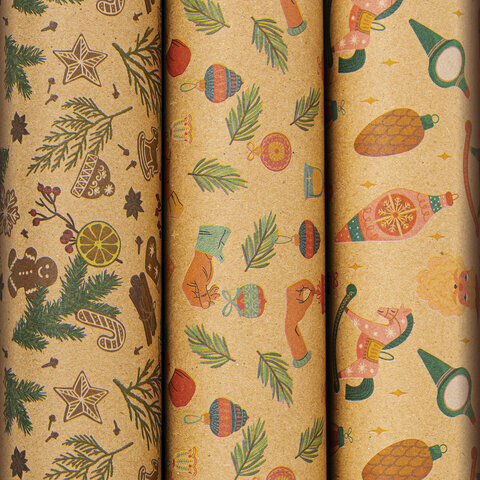 Бумага упаковочная новогодняя набор 3 шт, "Christmas Kraft", 70х100 см, 3 дизайна, золотая сказка, 592056