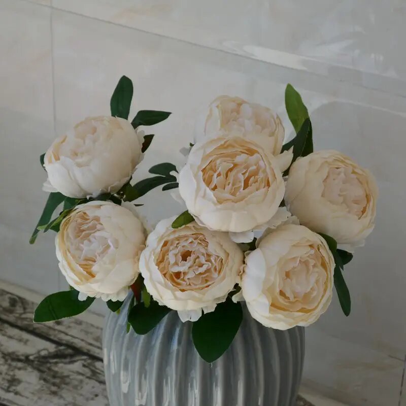 Искусственные шелковые пионы, букет, 7 головок Белый, Шампанское