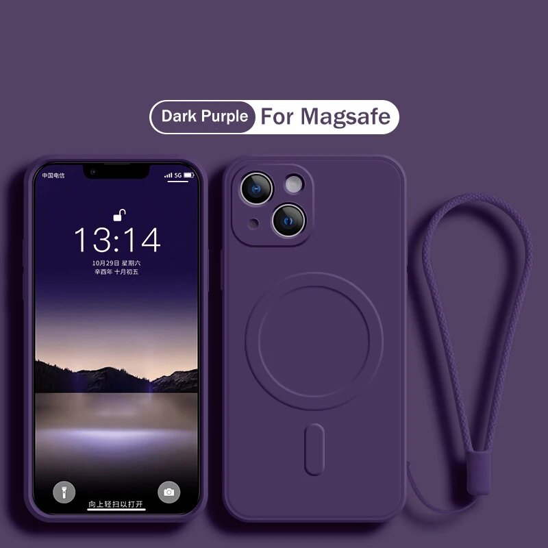 Чехол Magsafe для iPhone 13 Dark Purple фиолетовый с ремешком