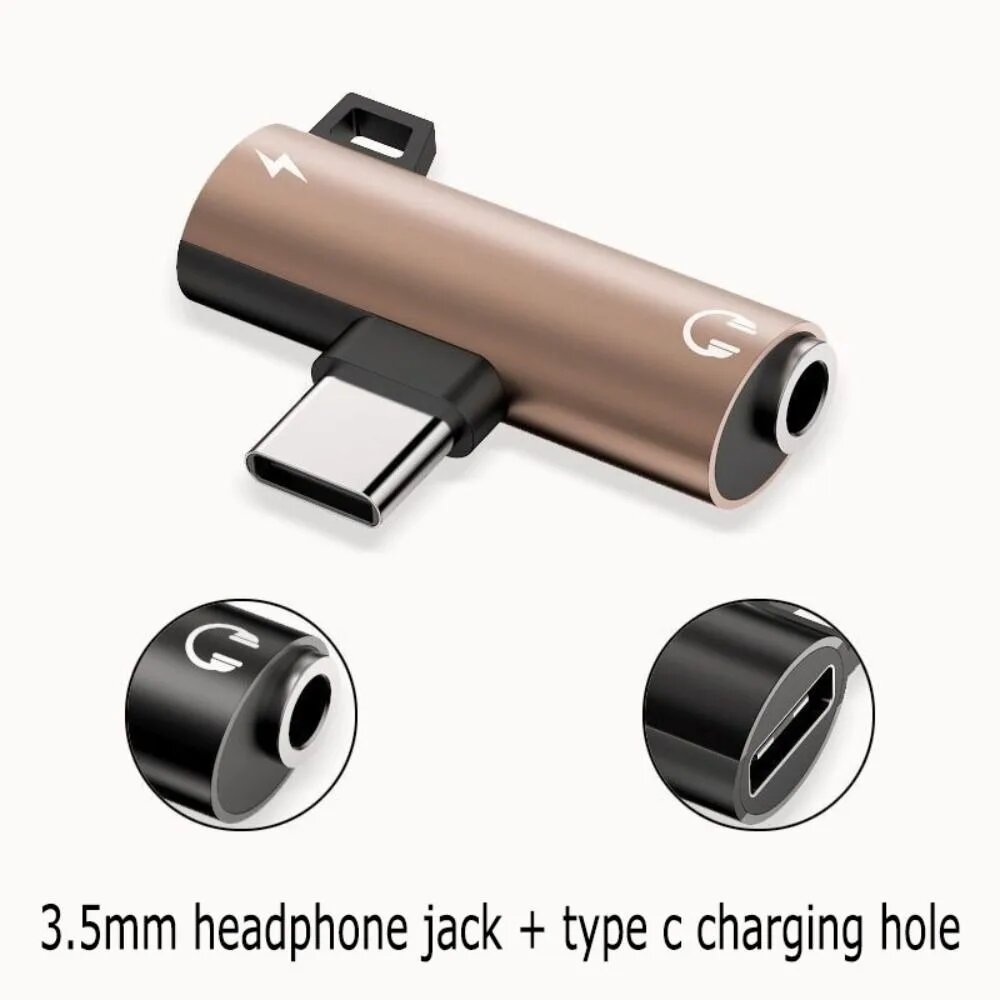 Адаптер 2-в-1 Type-C на 3,5 мм Jack, сплав, 90 градусов ° Зарядный адаптер Elbow Design Jack Gold