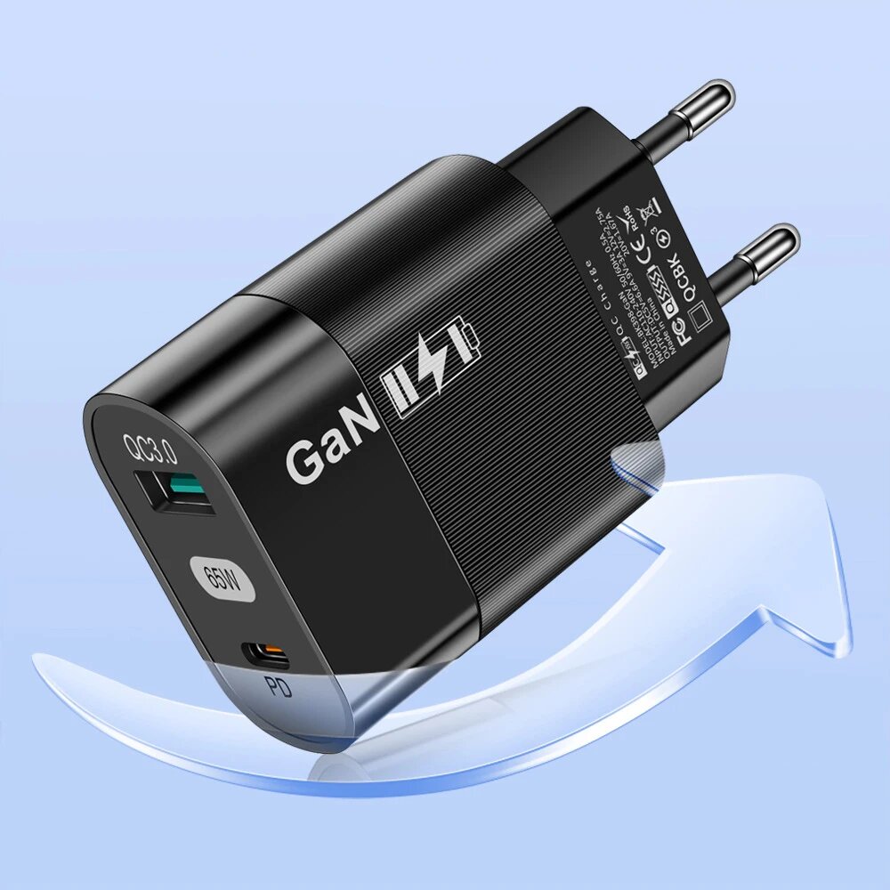 GaN зарядное устройство для телефона PD33W + USB QC3.0 33W = 65W Type-C Быстрая зарядка 5V/6.6A 9V/3A 12V/2.75A 20V/1.67A Макс адаптер США/ЕС/штепсельная Вилка стандарта Великобритании A EU Plug Black