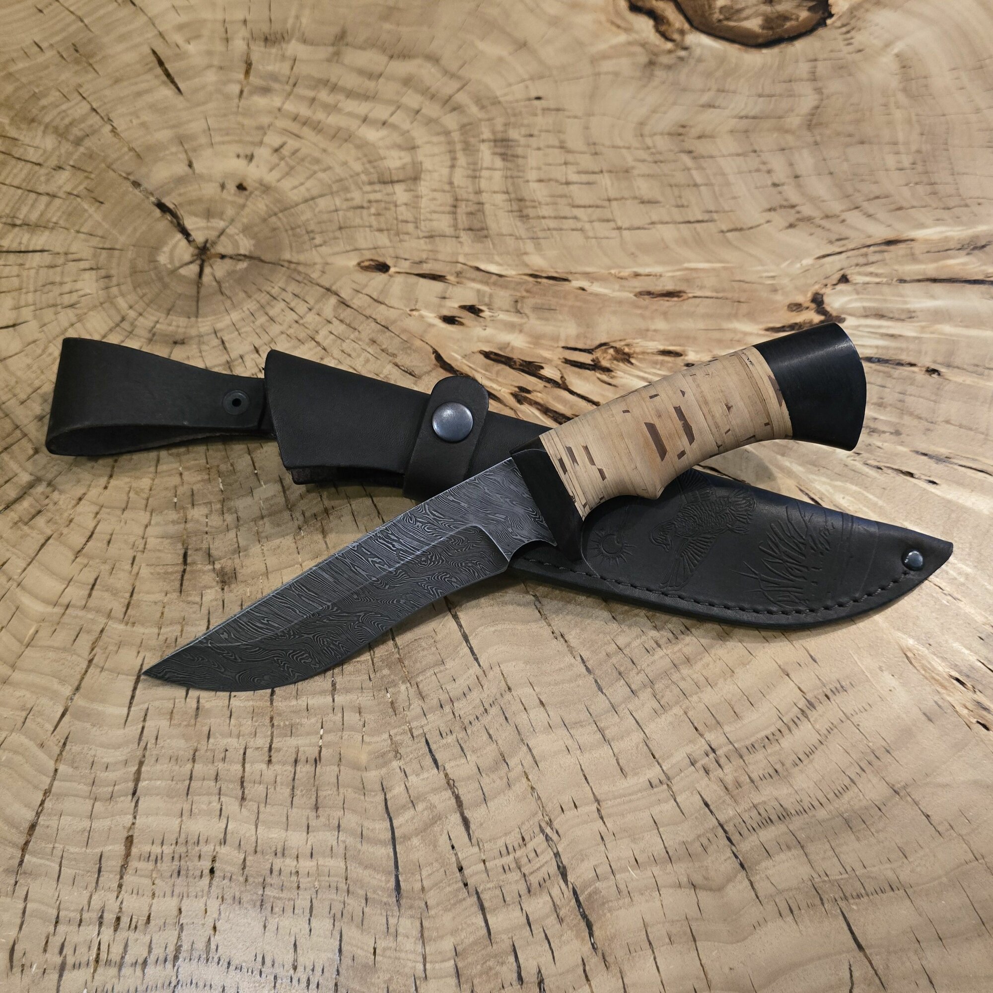 Нож Галеон, дамасская сталь, береста, граб, Мастерская Семина