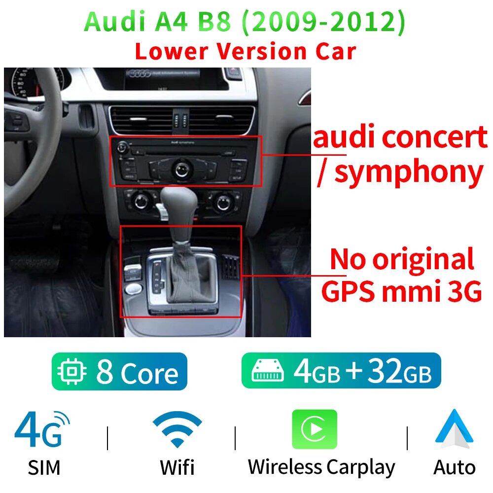 WIFI SIM Android 13 Автомобильный мультимедийный плеер Carplay для Audi A4 B8 09-12 LOW 4-32GB