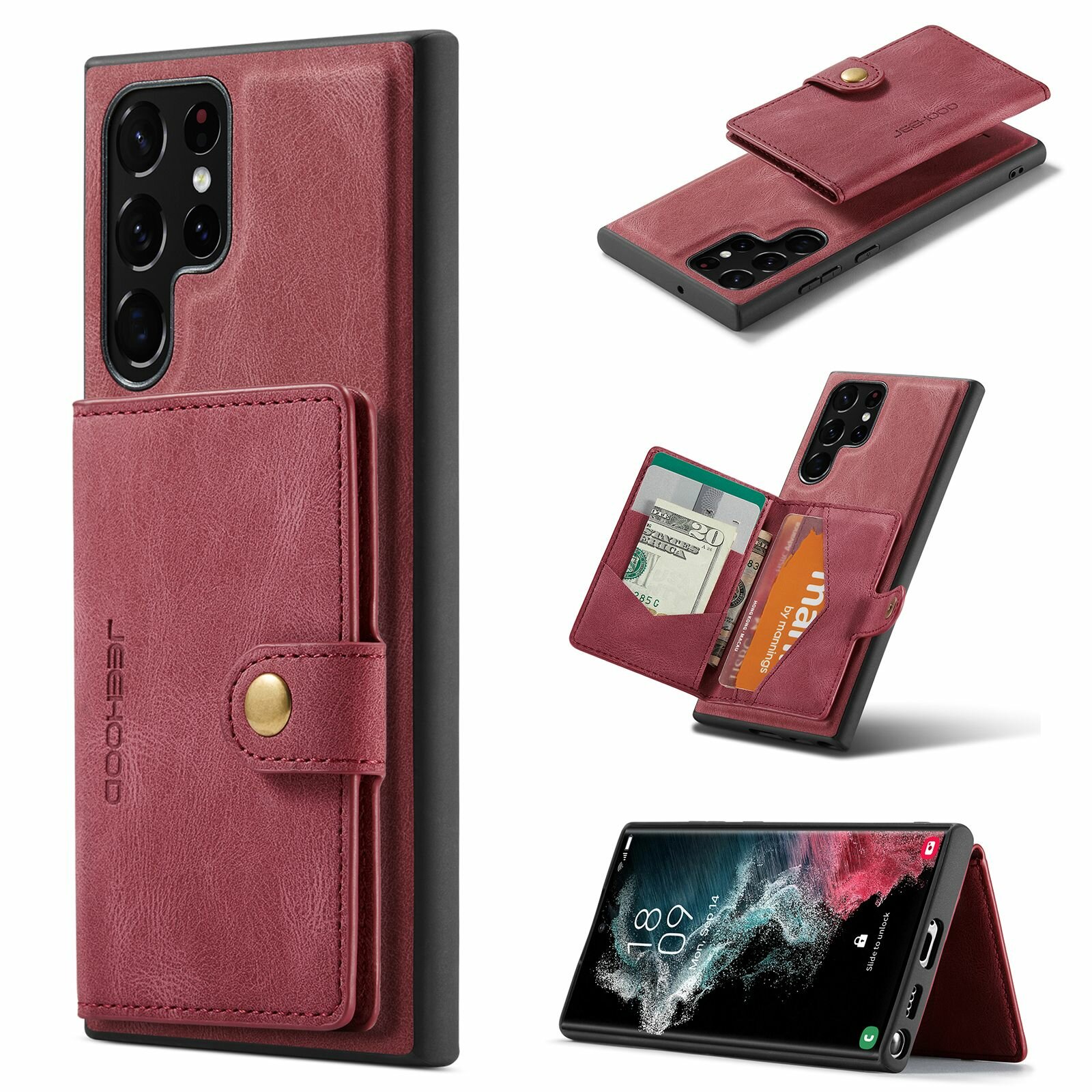 JEEHOOD Mагнитный кожаный чехол для Samsung Galaxy S22 Ultra (Самсунг Галакси С22 Ультра), держатель магнитной карты, 2-в-1 чехол из спилка