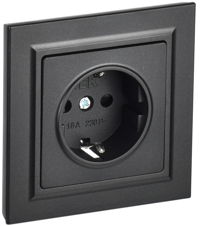 Розетка силовая штепсельная IEK / ИЭК Brite РСР14-1-0-БрЧ в сборе, одноместная, 16А, черный, с заземлением и с защитными шторками, BR-R14-16-K02-F / электрооборудование