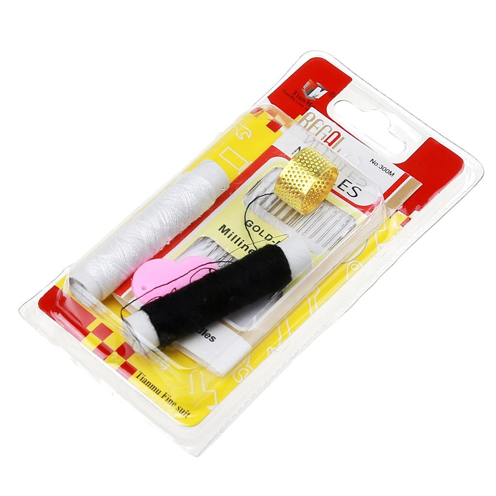 Швейный набор КНР 5 предметов: цветные нитки 2 штуки, иголки, наперсток, нитковдеватель