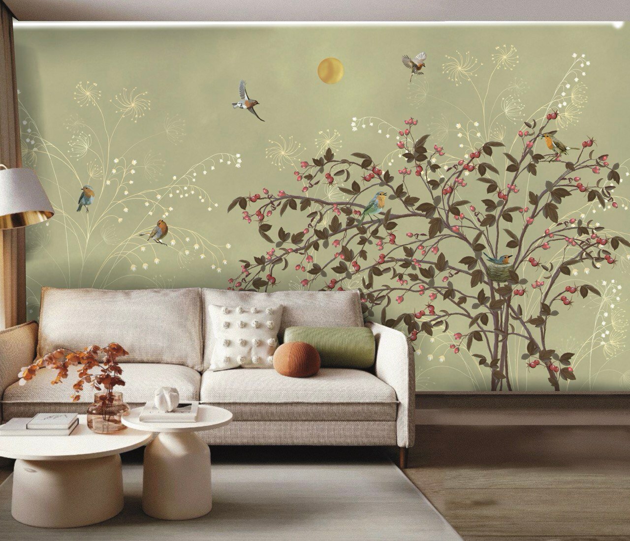 Фреска бесшовная "Малиновка на заре щебетала" светло-бежевый (ширина 3100мм х длина 5000мм)