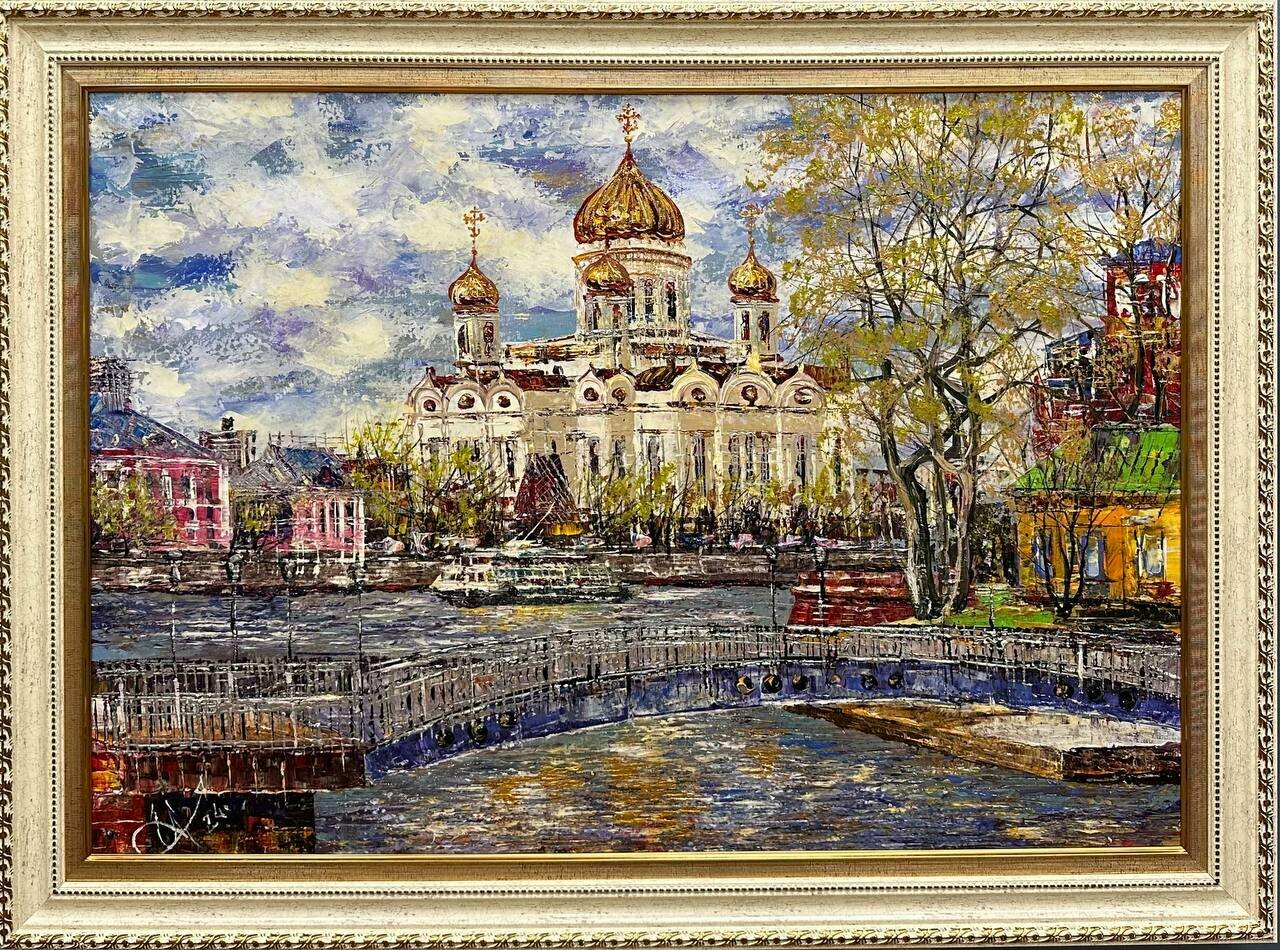 Картина маслом на холсте, Храм Христа Спасителя, городской пейзаж "Москва" 1