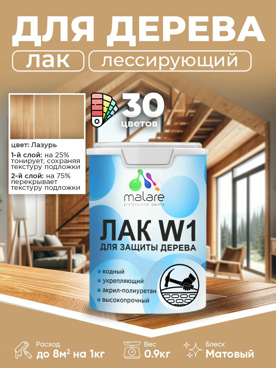 Лак колерованный тонирующий для дерева Malare W1 для деревянных и минеральных поверхностей, моющийся без запаха быстросохнущий, матовый, лазурь, 0.9 кг.