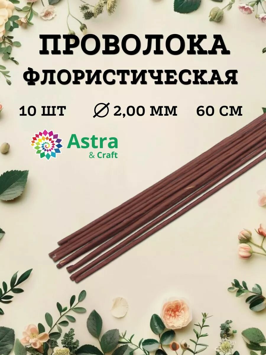 Проволока флористическая 2 мм*60 см, 10 шт, коричневая, в бумажной оплетке, Astra&Craft