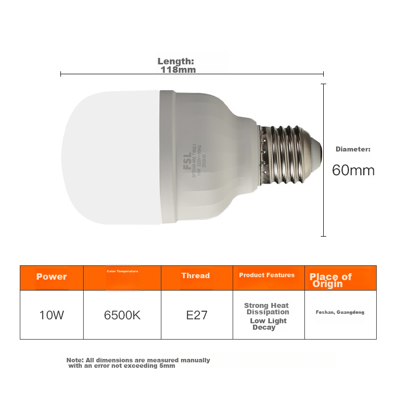 FSL Foshan Lighting LED Bulb, Energy-Saving Bulb with E27 Screw Base, Daylight Color, 10W Cylindrical, 6500K