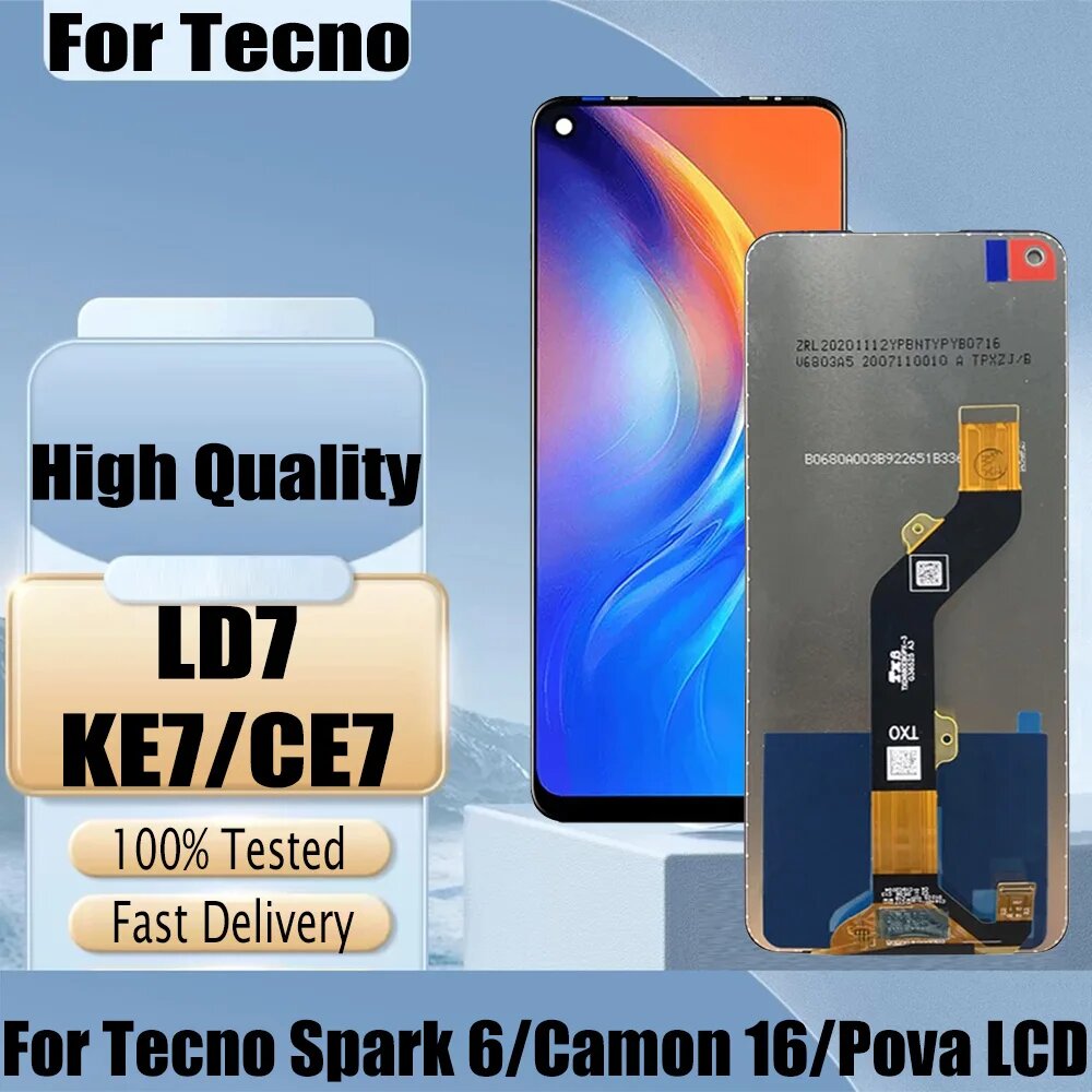 Высокое качество для Tecno Spark 6 KE7, ЖК-дисплей с цифровым преобразователем LD7 No Frame