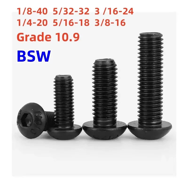BSW 1/8-40 5/32-32 3/16-24 1/4-20 5/16-18 3/8-16 Черные винты с шестигранной головкой и шестигранной головкой класса 10,9, болты с шестигранной головкой и шестигранной головкой