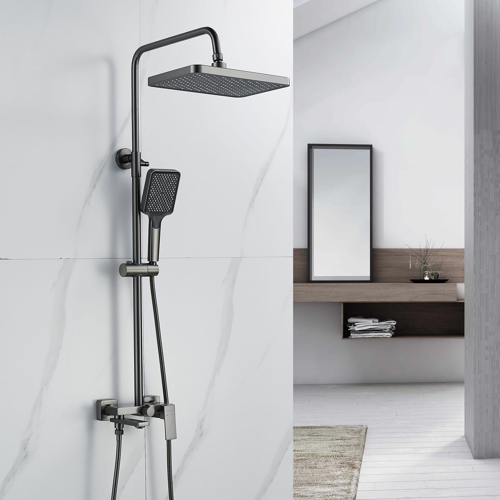 Душевая система Shevanik с верхним тропическим душем и ручной лейкой, оружейная сталь