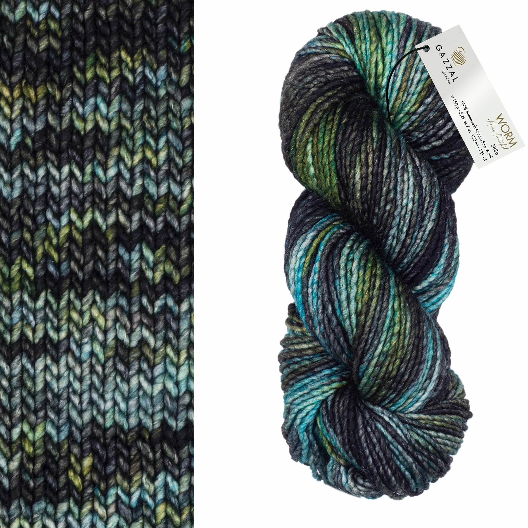 Пряжа Gazzal Worm 3886 тёмно-зелёный/салат (150г/120м, упаковка 3 мотка)