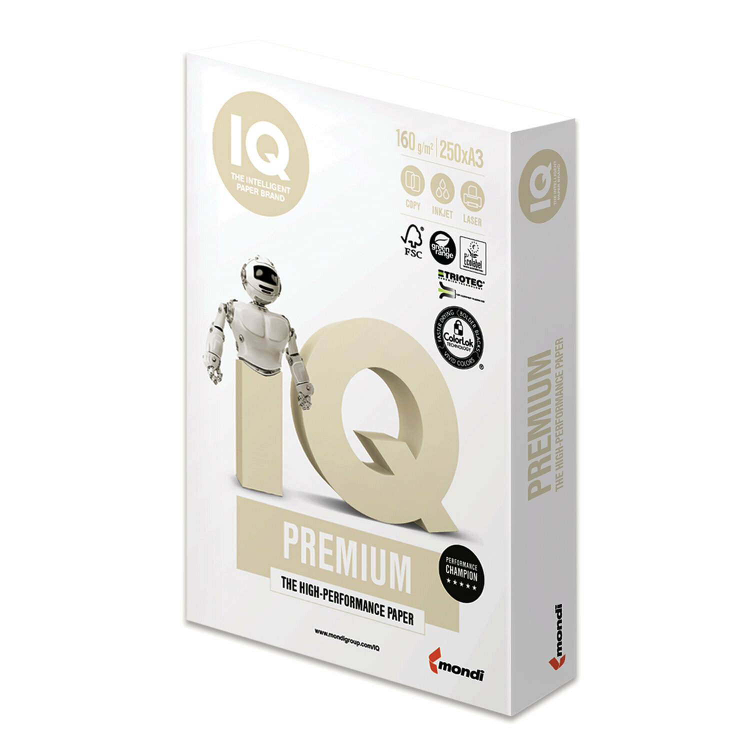 Бумага IQ Premium, большой формат, 297х420 мм, А3, 160 г, м2, 250 листов, класс "А", 170% CIE