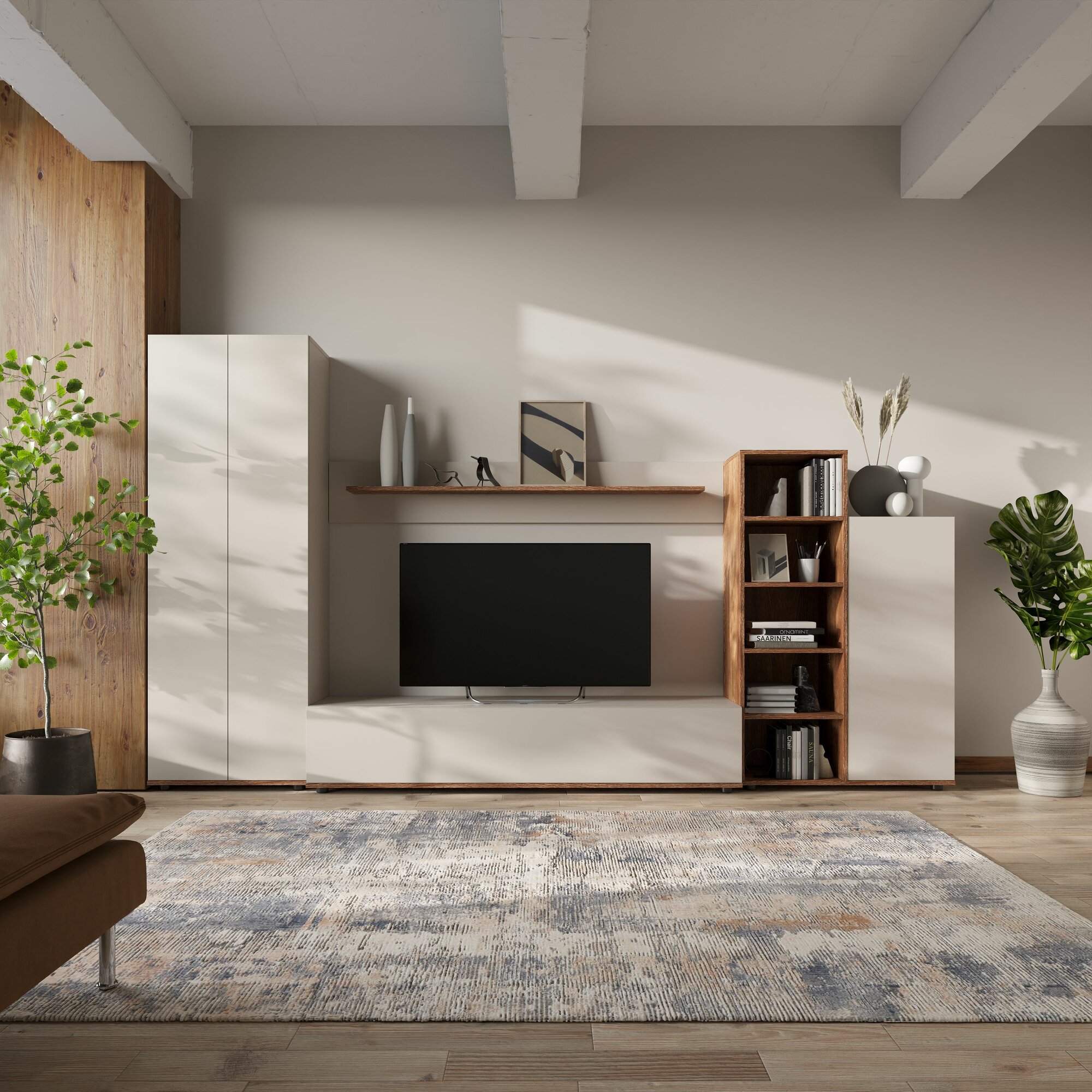 Стенка в гостиную со шкафом, стенка для гостиной Амазон, Кашемир/Каштан, 300х170х40 см (ШхВхГ)