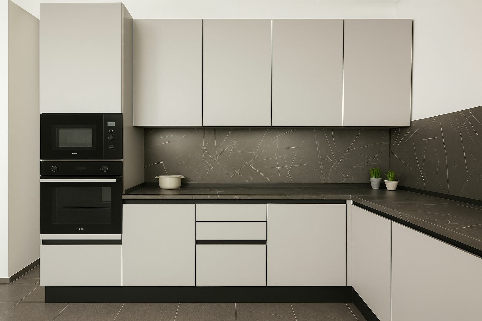 Кухонный гарнитур угловой, 300х180 см в светло-сером цвете, высота 243 см.