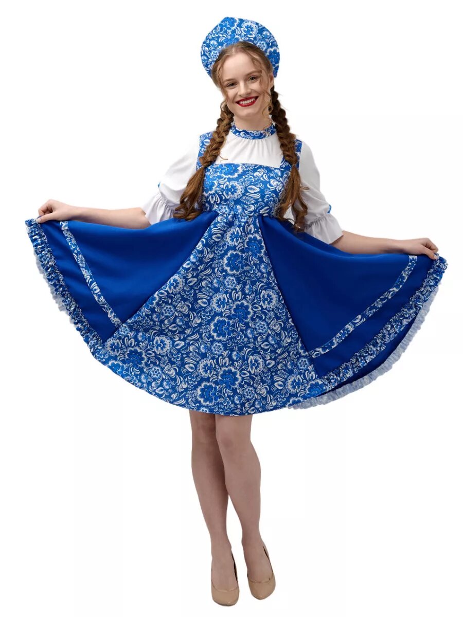 Русский народный костюм женский с кокошником Гжель, синий, XXS/XS (40-42)