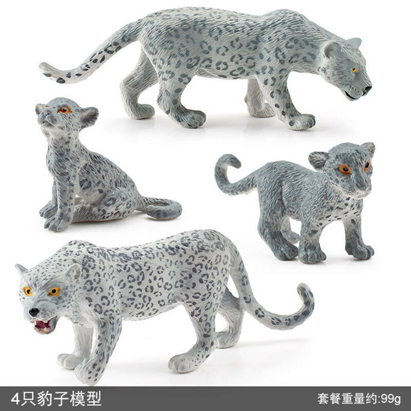 Ярко окрашенные модели джунглей с милыми статичными снежными леопардами для воображаемой игры, четыре снежных леопарда.