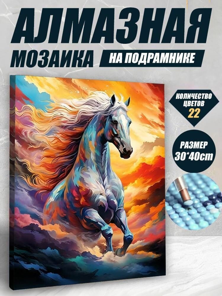 Картина с изображением лошади, 30*40 см, с круглыми/квадратными алмазами, в раме.