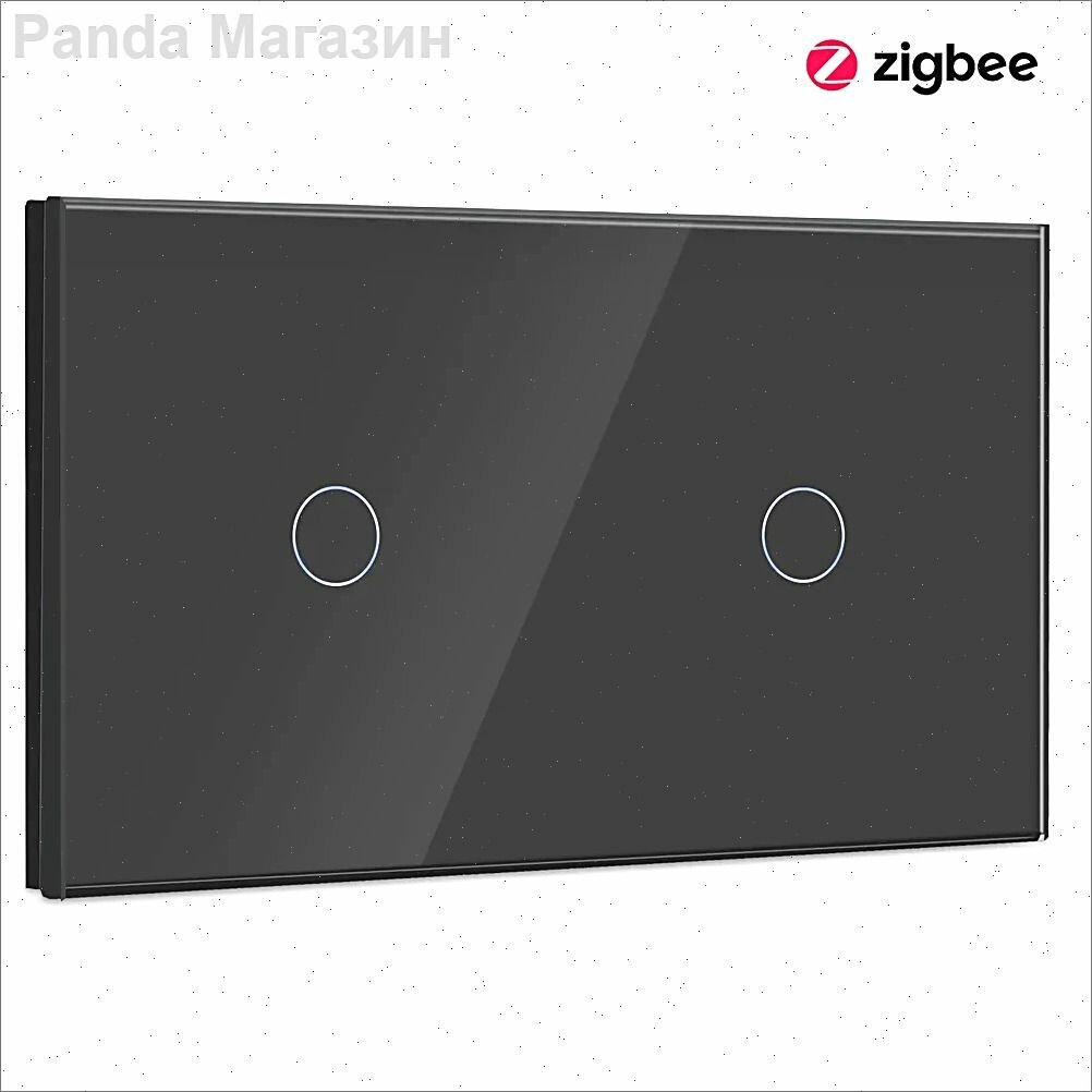Сенсорный выключатель c Алисой, умный Zigbee выключатель 2 клавиши, 2 поста (1+1), без нуля на, панель стекло Черная,157mm