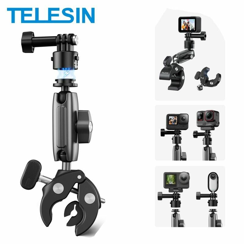 Кронштейн для верховой езды TELESIN Велосипедный зажим для мотоцикла Quick Release Magic Arm 360, супер зажим из алюминиевого сплава для камеры GoPro Action Camera