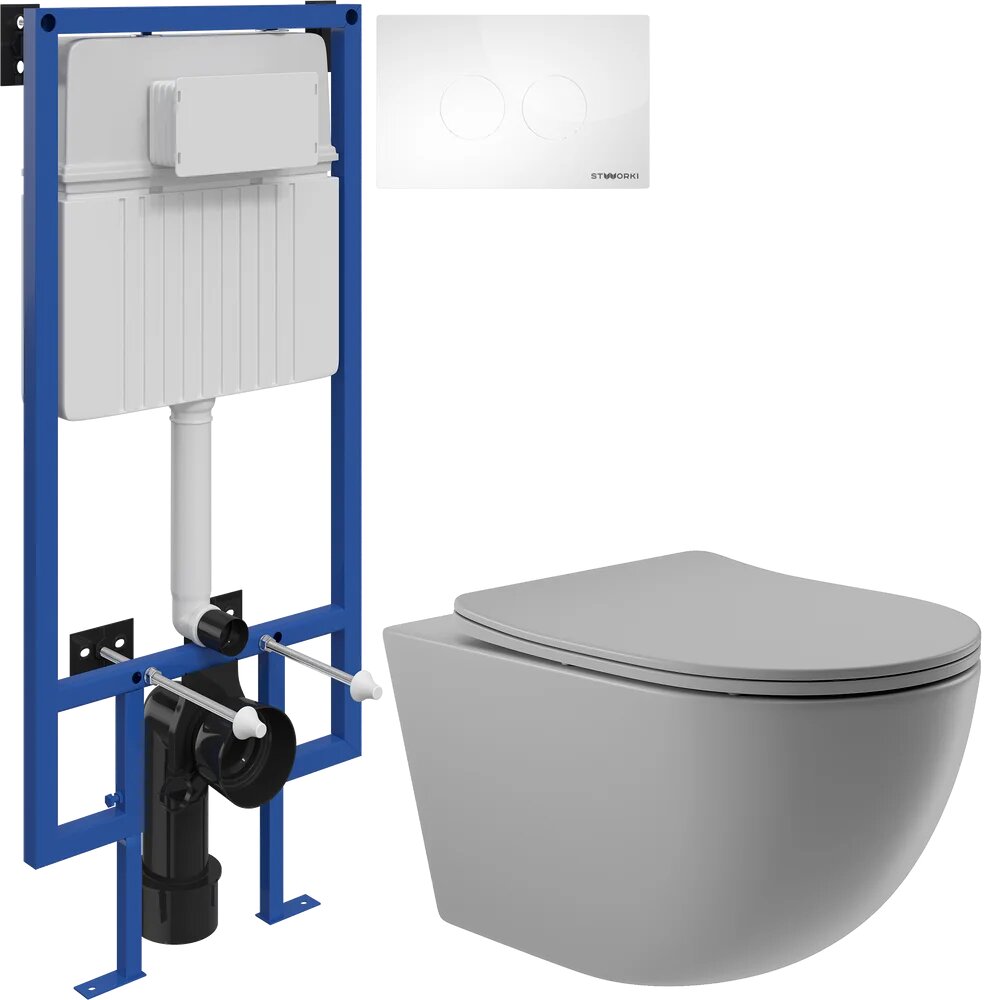 Комплект 3 в 1 Унитаз подвесной Aqueduto Ovo OVO0130 / Инсталляция STWORKI 510162 / Кнопка Хельсинки 500470 цвет глянцевый белый