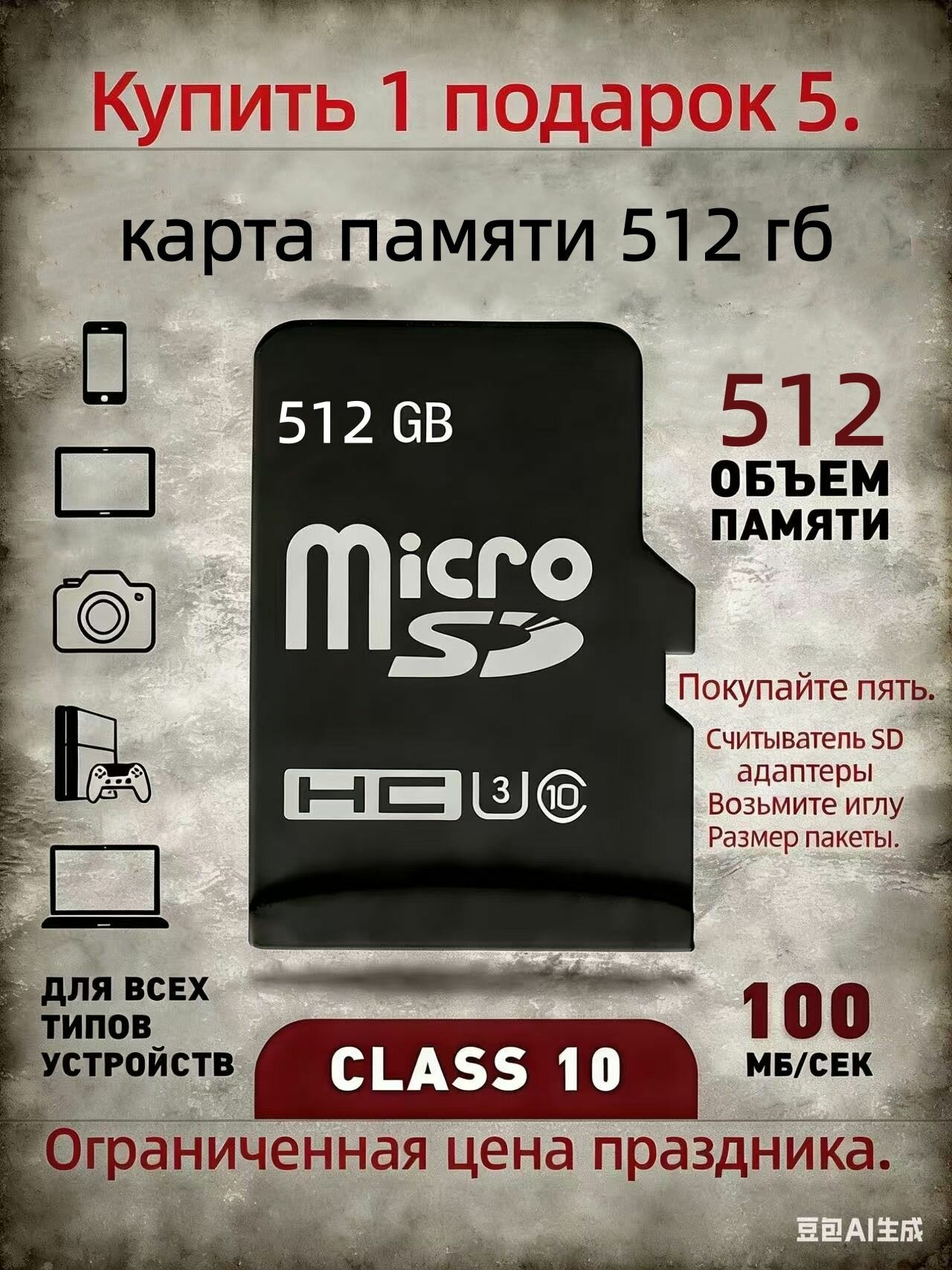 Карта памяти 512 гб Карта памяти microSDHC, с адаптером, SB512GBSDCL10-01LE, черная