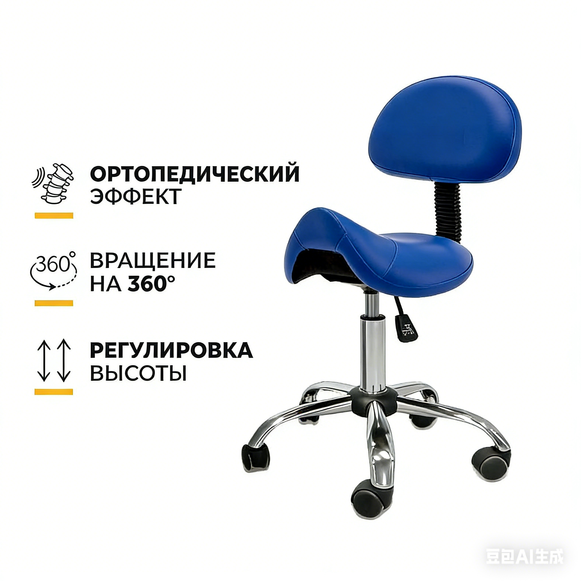 Стул мастера на колесиках со спинкой кресло c регулировкой высоты ортопедическое, максимальная нагрузка 150 кг, синий