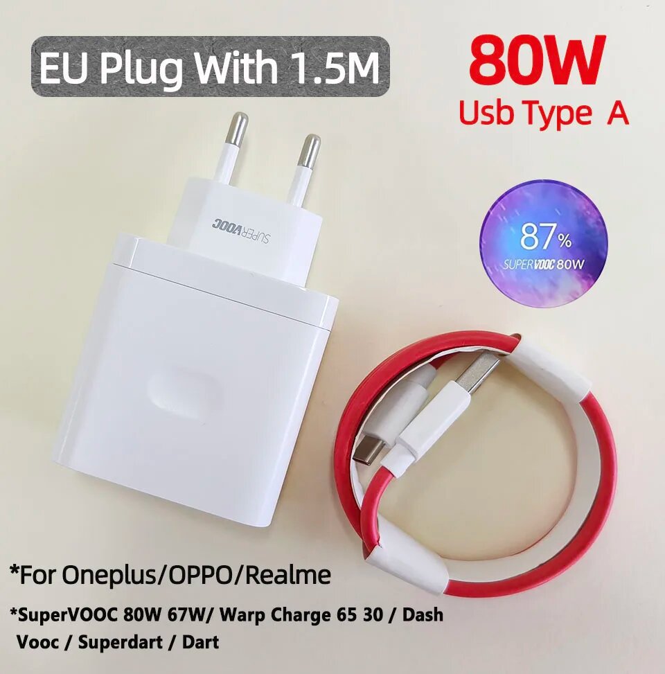 Оригинальное Быстрое Зарядное Устройство OnePlus 80W SuperVOOC Type-C Для Белый, 80W EU With 1.5m