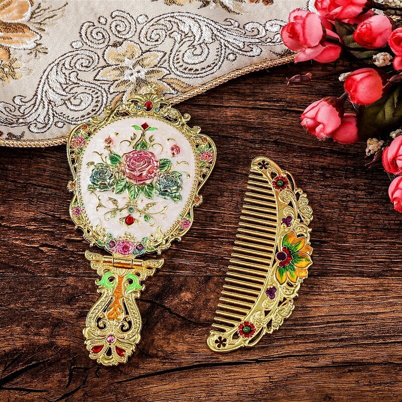 [Мелкий опт] Европейский винтажный складной набор: зеркало и расческа с русской ручкой, портативное зеркало для макияжа