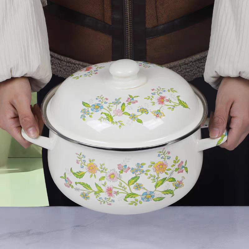 Эмалированная кастрюля с крышкой, утолщенная кастрюля с двумя ручками, керамическая кастрюля для тушения и варки, подходит как для индукционных плит, так и для газовых плит.