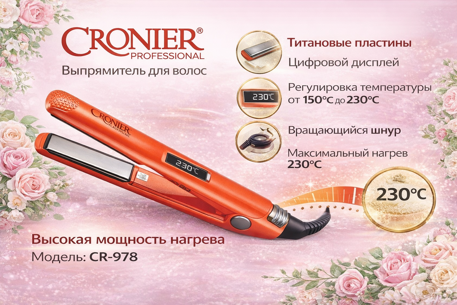 Выпрямитель для волос Cronier CR-978 230°C, титановые пластины, цифровой дисплей, регулировка температуры
