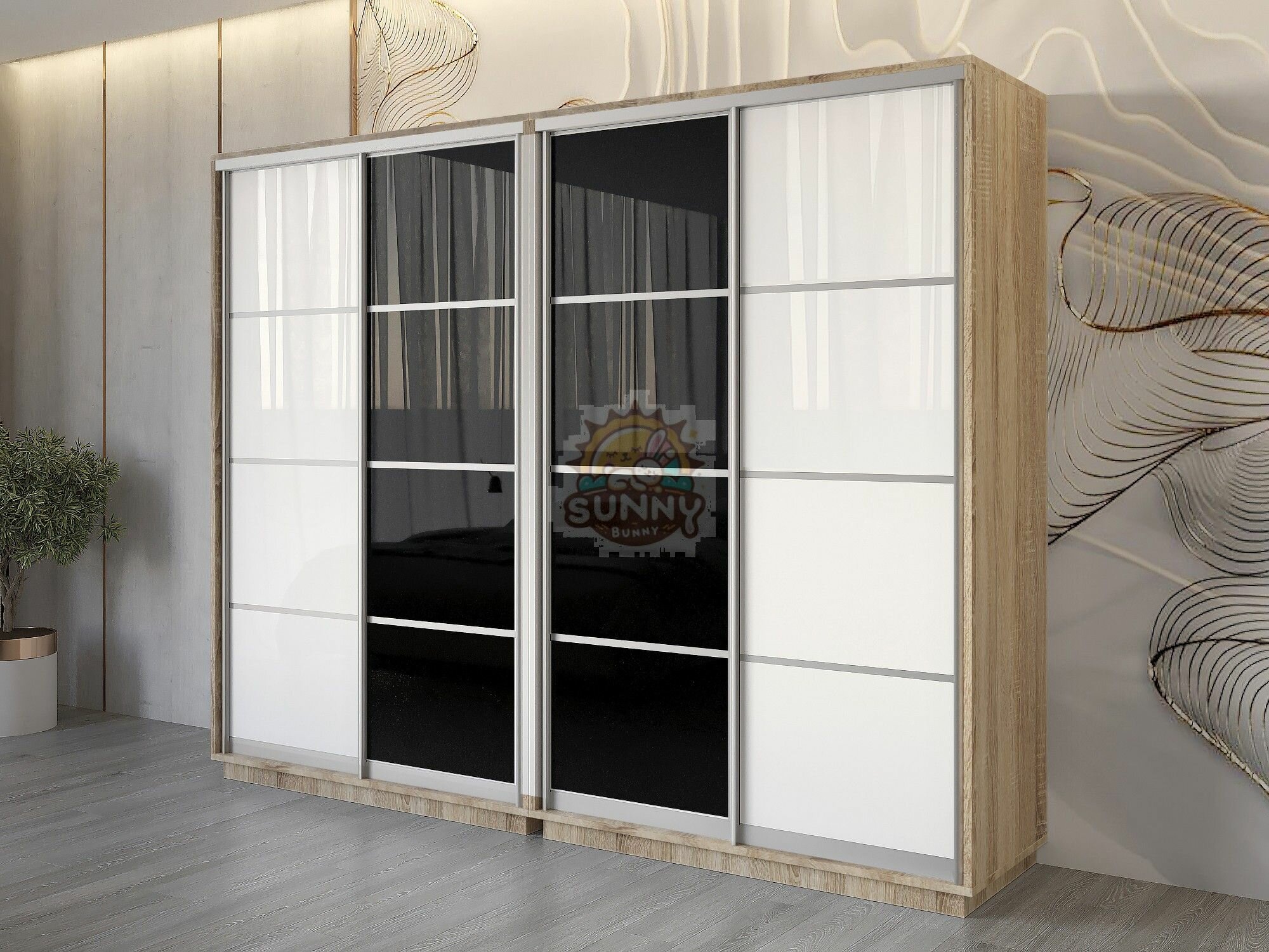 Шкаф-купе Флорида 4дв. (2+2) Стекло белое 2/Стекло черное 2, профиль серебро, 240х60х220 см. Сонома