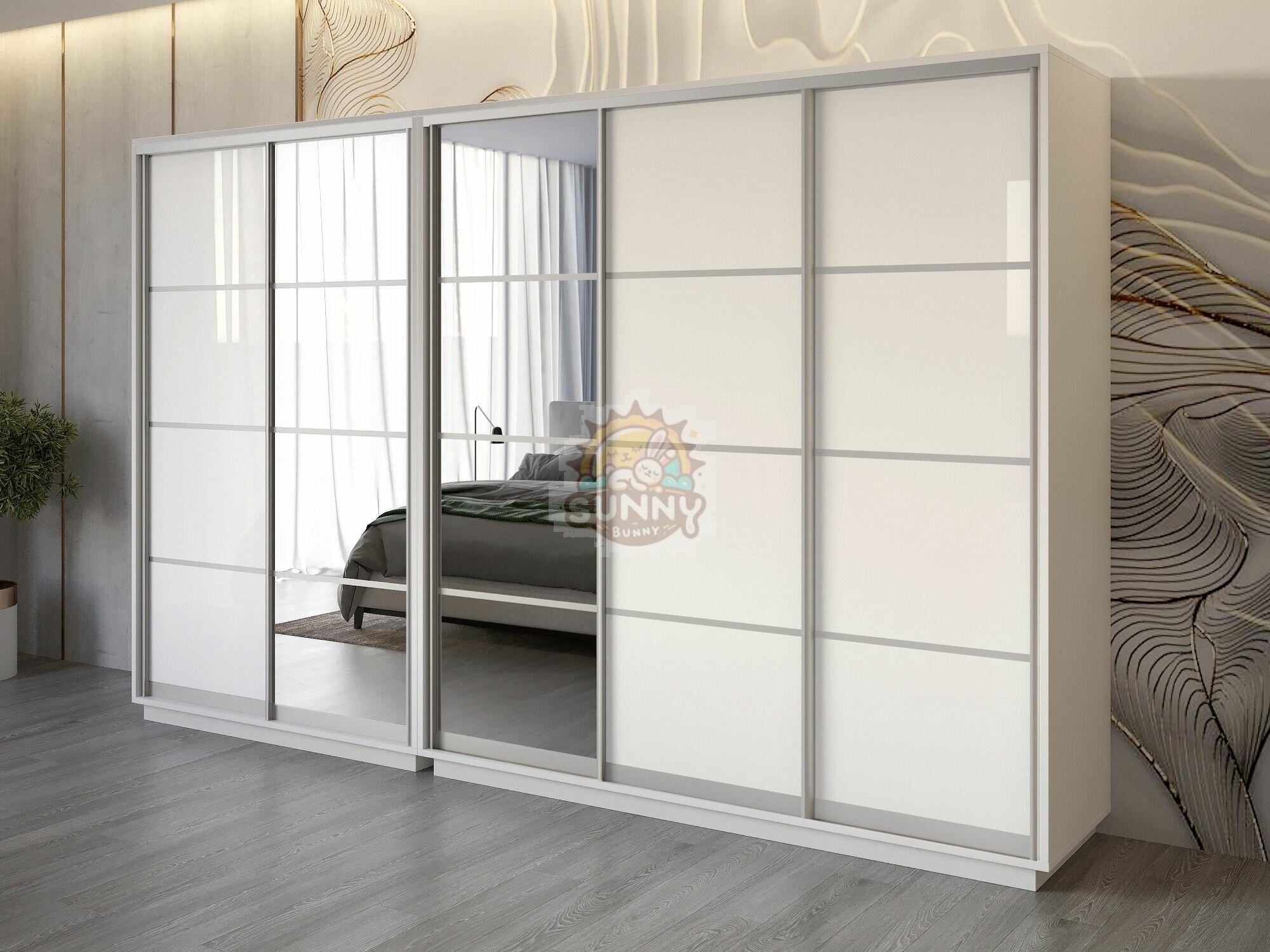 Шкаф-купе Флорида 5дв. (2+3) Стекло белое 3/Зеркало 2, профиль серебро, 300х60х220 см. Белый снег