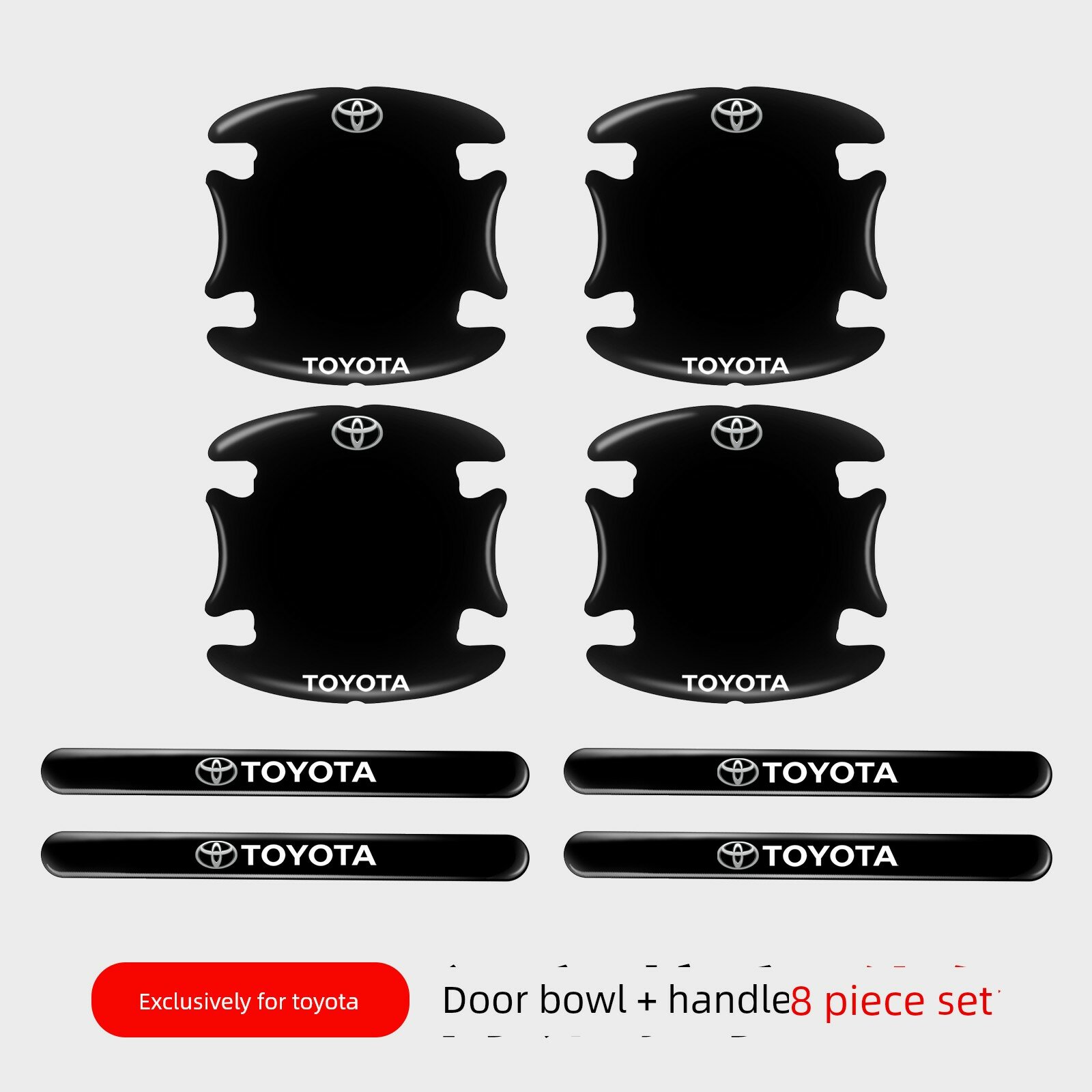 Комплект защитных наклеек для порога и бампера Toyota Camry Corolla Highlander RAV4, серебристый логотип, 8 шт.