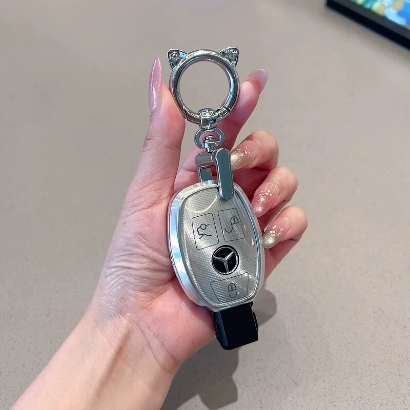 Чехол для ключа Mercedes-Benz с серебряной рамкой, серебряным котячьим ушком в замке для GLC260, GLA200, V260