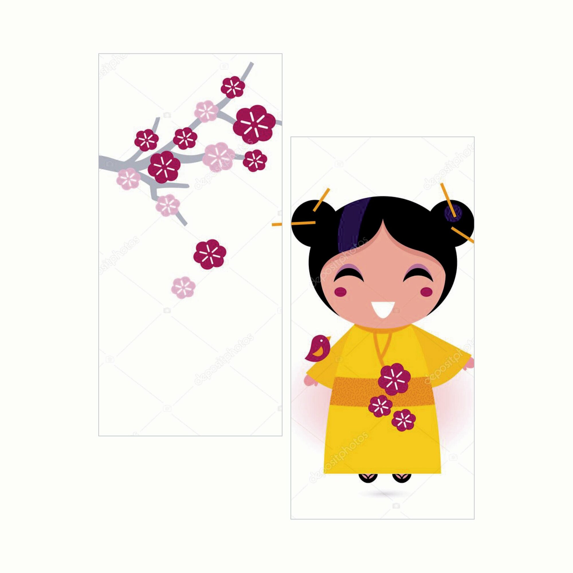 Модульная картина "Кукла и сакура" (Размер:79х100см (38х80,38х80))