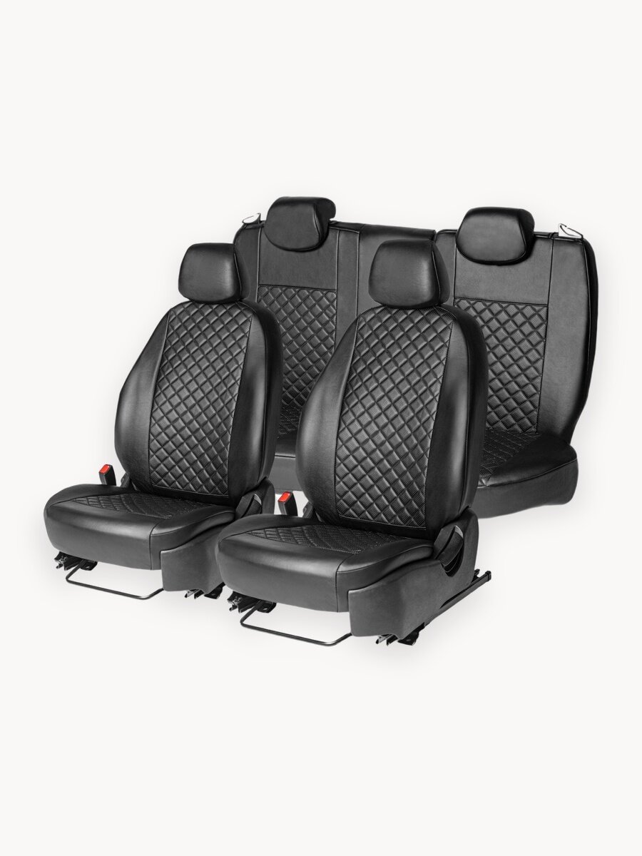 Авточехлы для Lada Granta (Лада Гранта) 2018-2022 Цельная задняя спинка и сидение ромб черная строчка