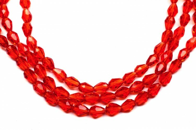 Бусина стеклянная граненая Капля 6х4мм, цвет красный, прозрачная, 503-054, 1 нить (около 34см, 63шт)